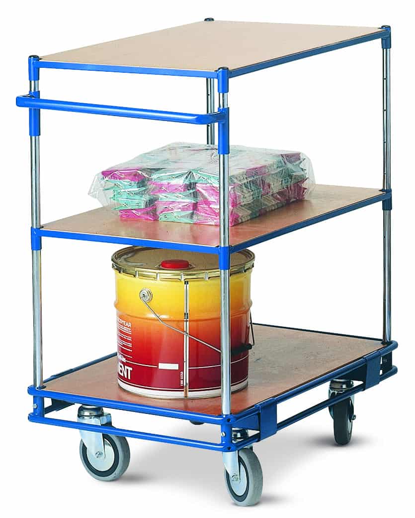 Shelf trolley 3 shelf with ply tops and swivel castors